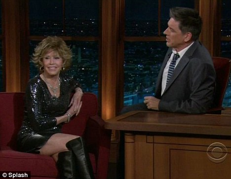Jane Fonda gets sexy in short leather skirt and over-the-knee boots