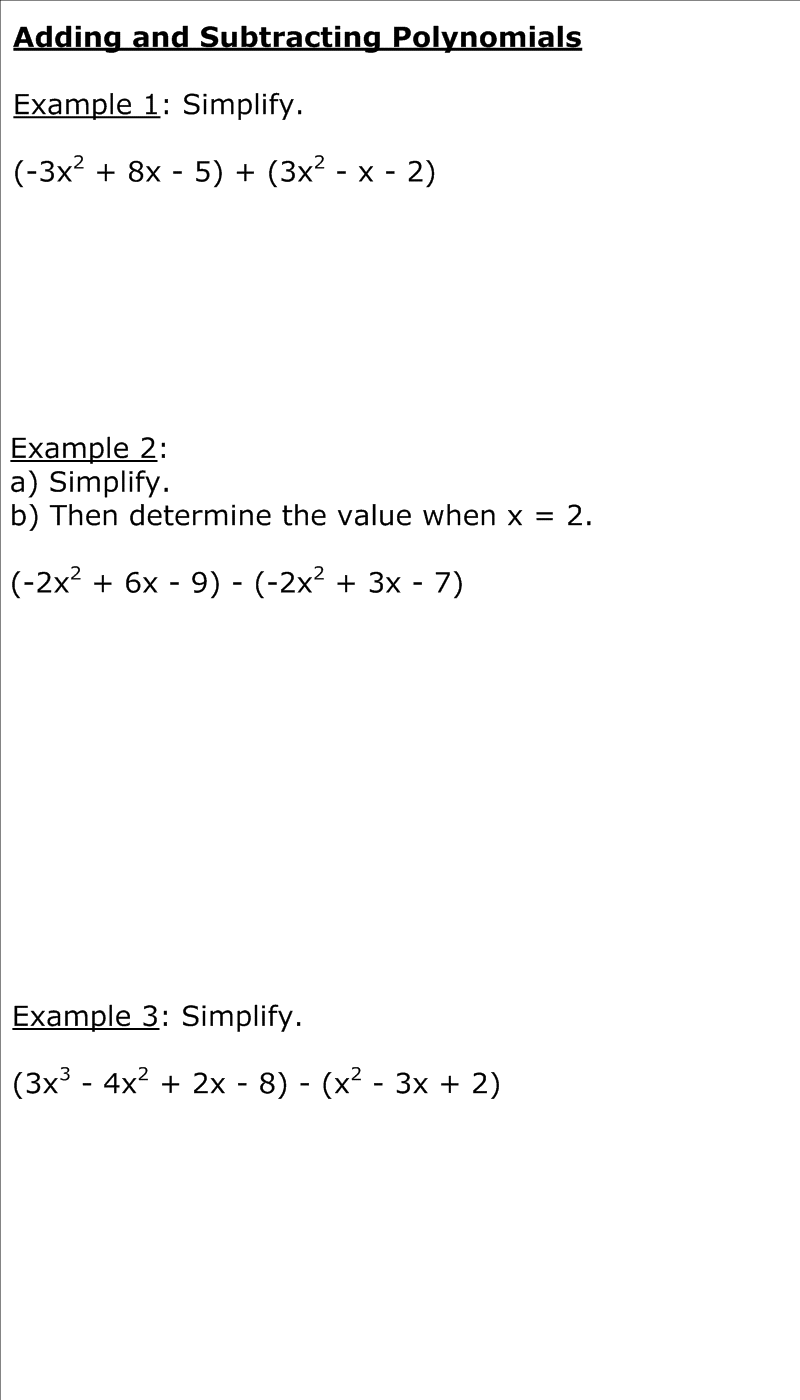 Grade 9 Academic Math: Adding and Subtracting Polynomials