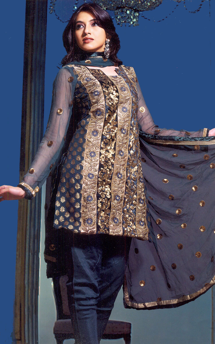 salwar designs n patterns: Blue Silk & Velvet Embroidered Salwar Suit