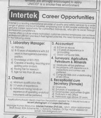 Jobs For All: Intertek Pakistan Pvt Limited Job Opportunities