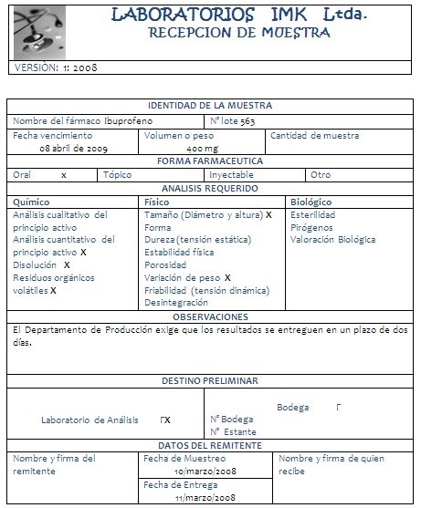 EVIDENCIAS LABORATORIO IMK Ltda.: RECEPCION DE MUESTRAS