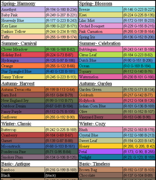 Rgb Color Values Chart