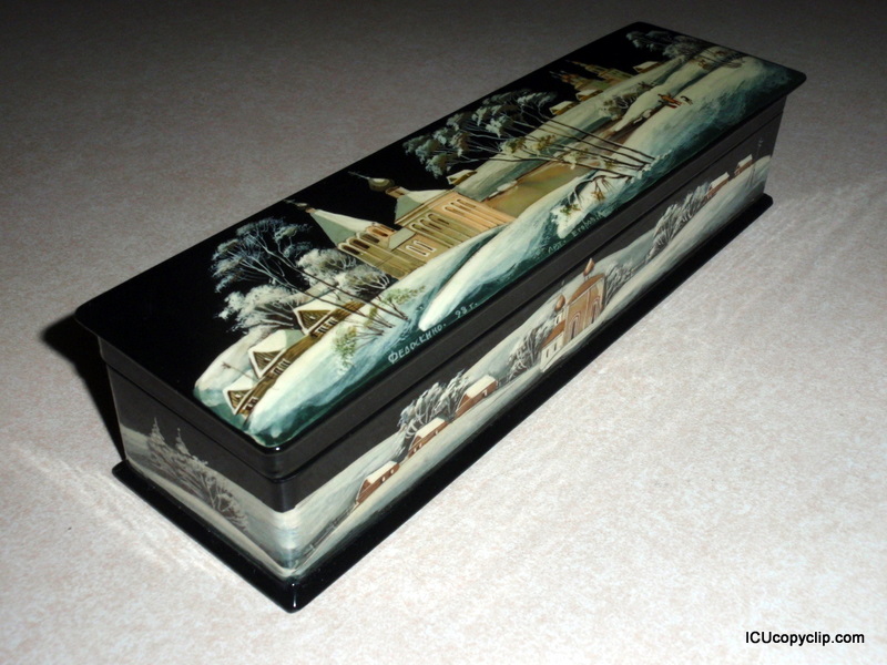 Russian Lacquer Boxes: 10" Signed Fedoskino Wintry Town Russian Lacquer Box