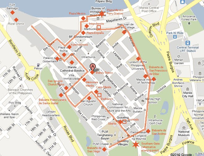 A walking tour map of the Intramuros (the walled city), the old part of ...