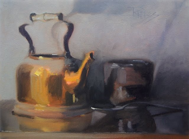 in plein air: "Tea Kettle with Cup" oil still life painting