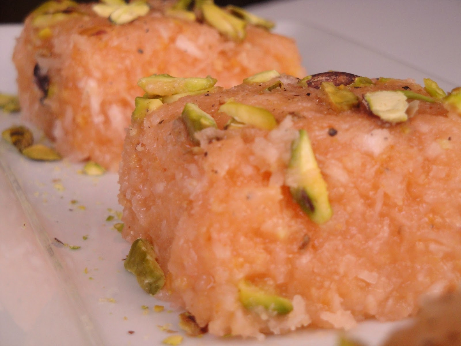 cumin and cardamom: Pistachio and Rose Coconut Burfi ( Nariyal ki Burfi )