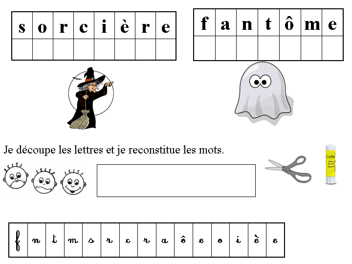 Maternelle: sorcière et fantôme reconstituer les mots