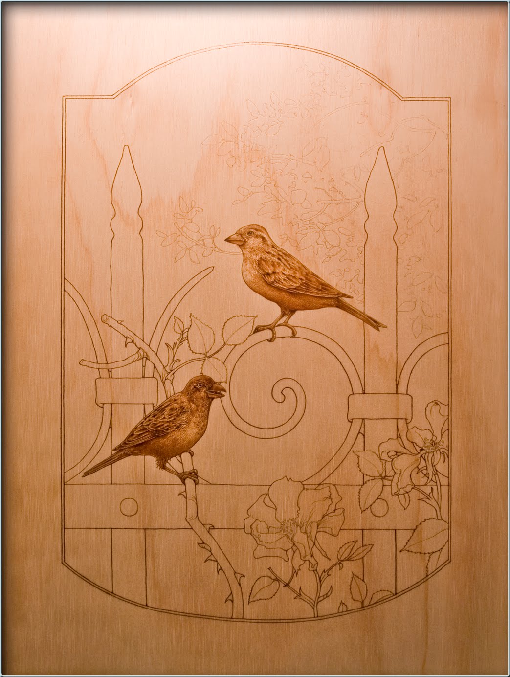 Whimsical Wood: 'Iron Fence with Sparrows' Pyrography