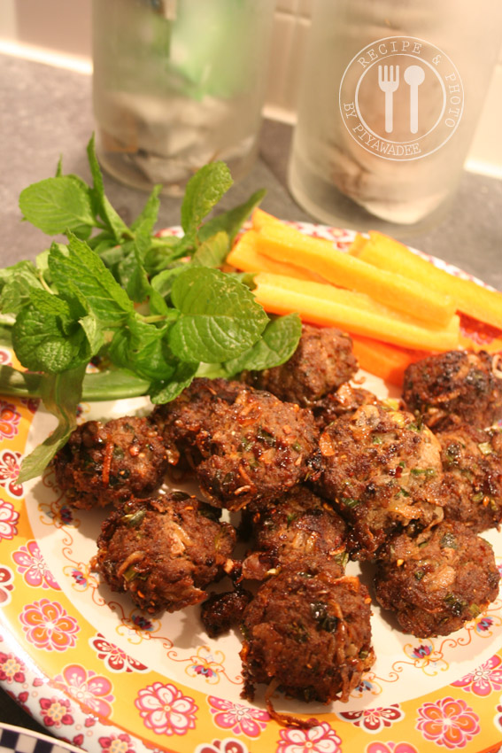 Gebakken Pikante Thaise salade varkensgehakt ball : Laab Moe Thod