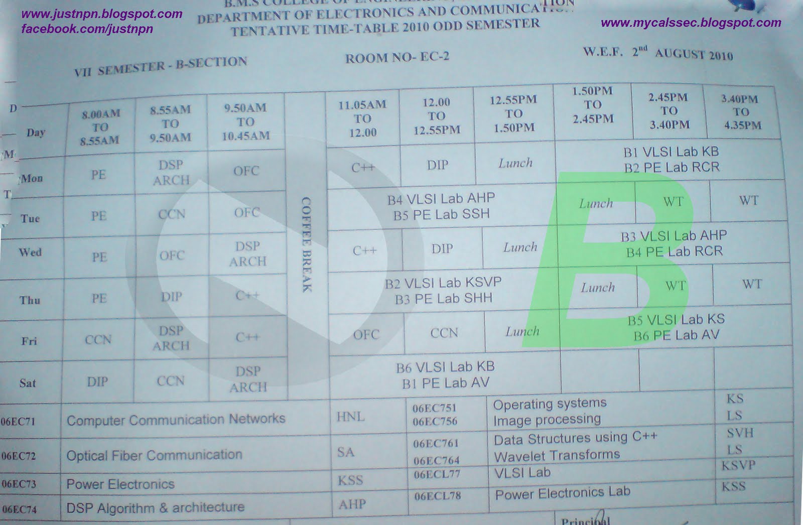 justN: Time Table 2010 sem 7 ECE BMSCE