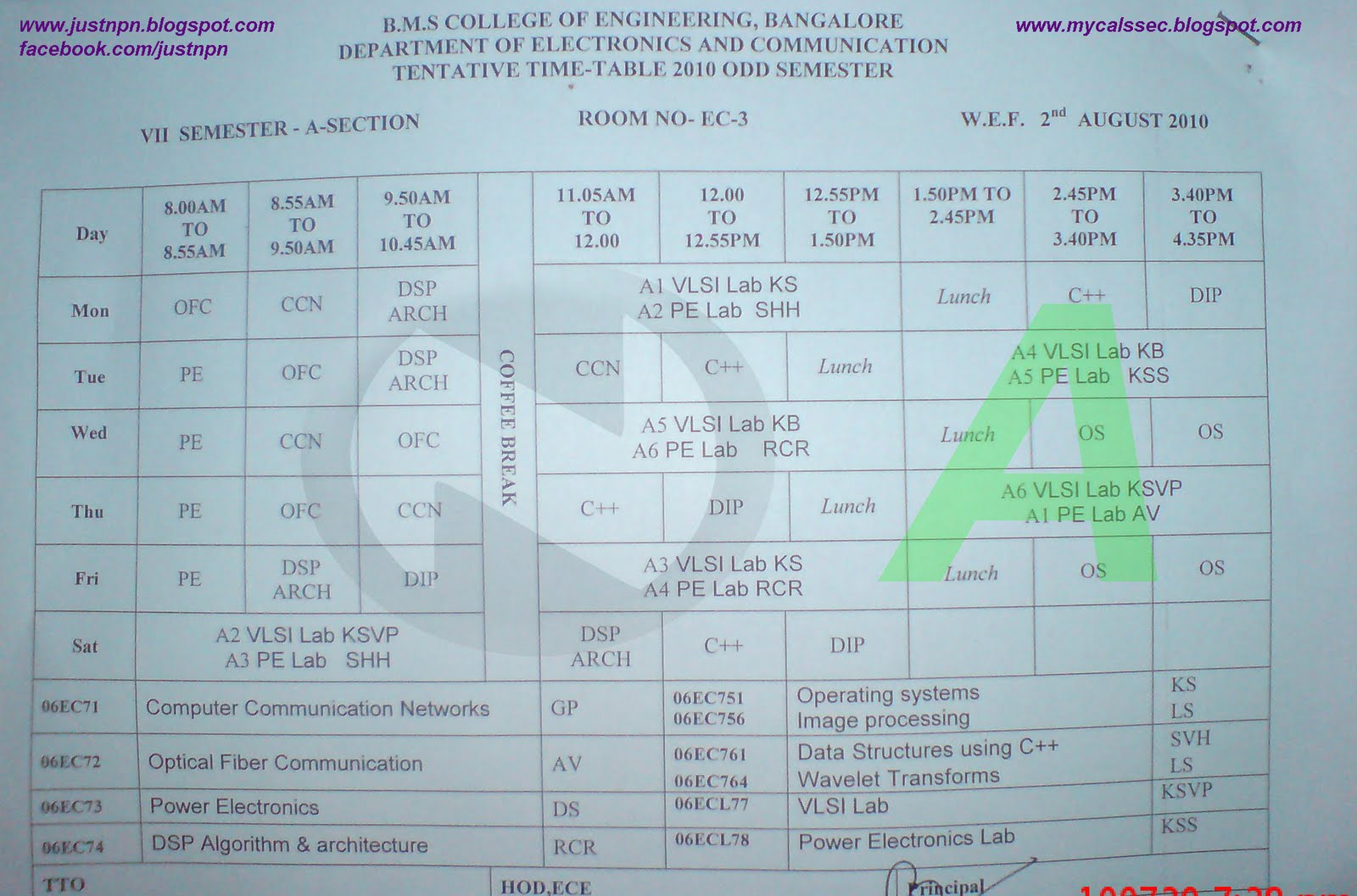 justN: Time Table 2010 sem 7 ECE BMSCE