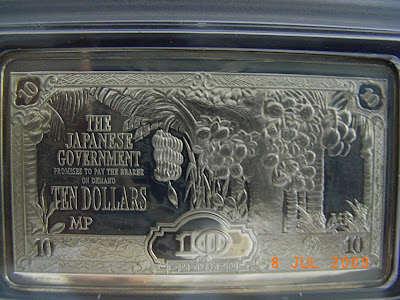 GINBERG ANTIQUE: SINGAPORE 1944 $10 BANANA JAPANESE SILVER BAR MONEY