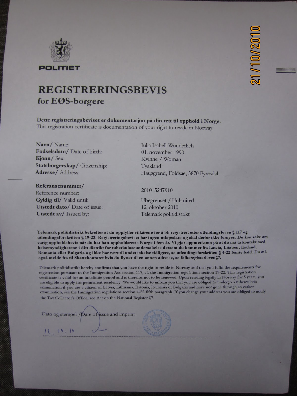 Juli in Norwegen: Registreringsbevis