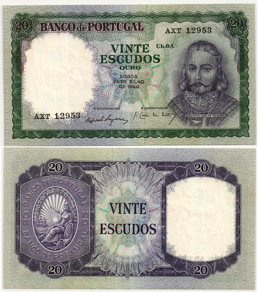 Notas da República Portuguesa: 20 Escudos --- Chapa 6 A --- Ouro