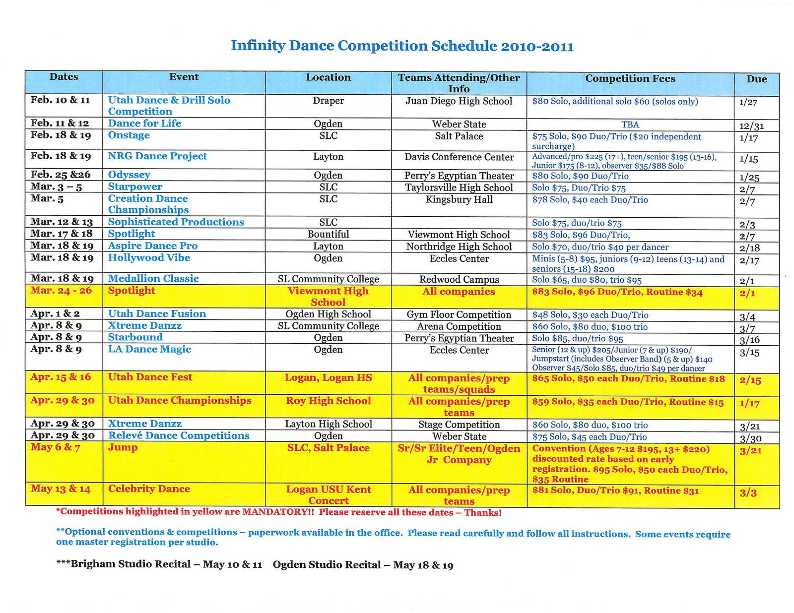 2010-2011 Competition Schedule