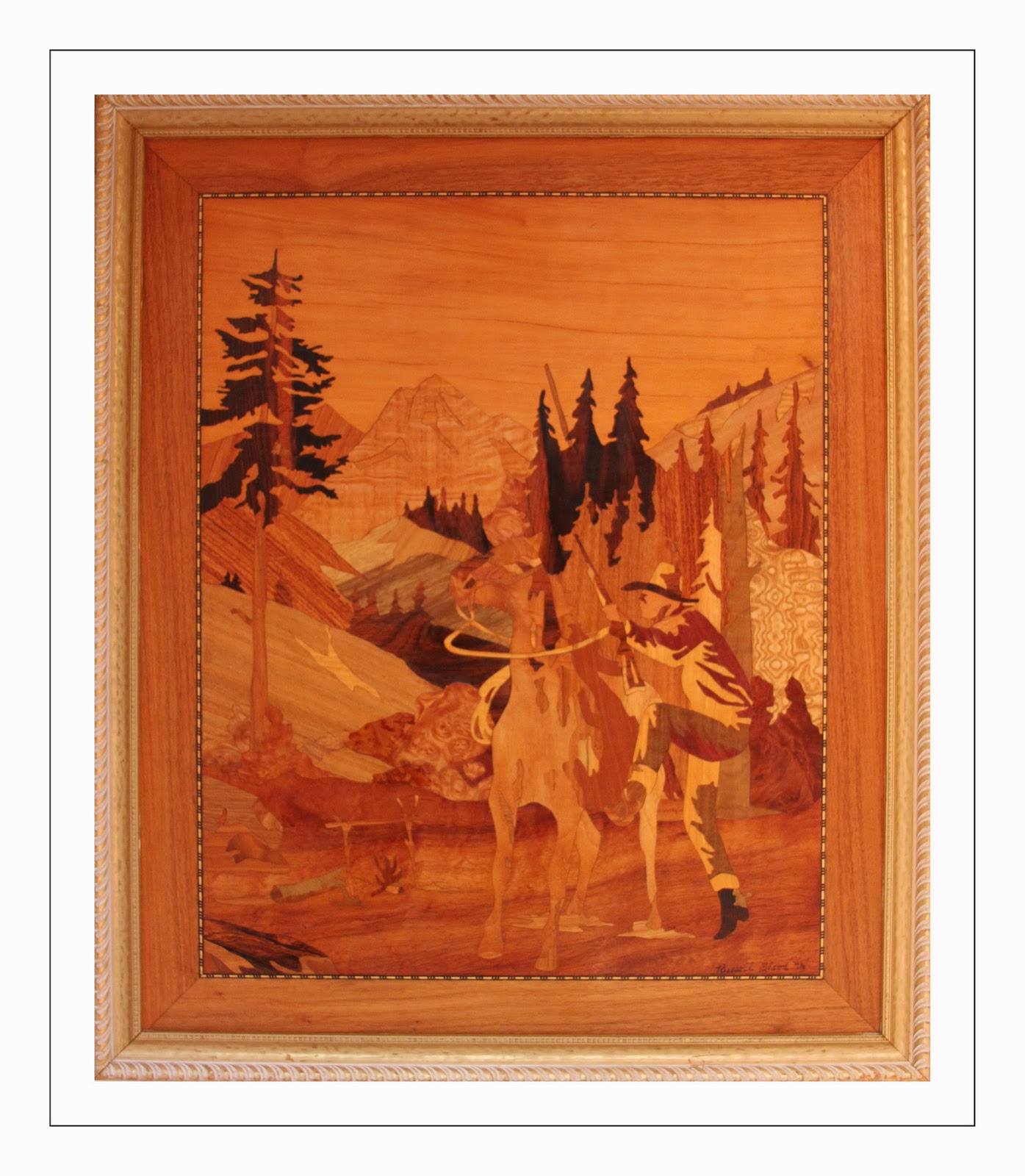 Russell M. Blood Western WoodCraft: Cowboy with Rifle Mounting Horse