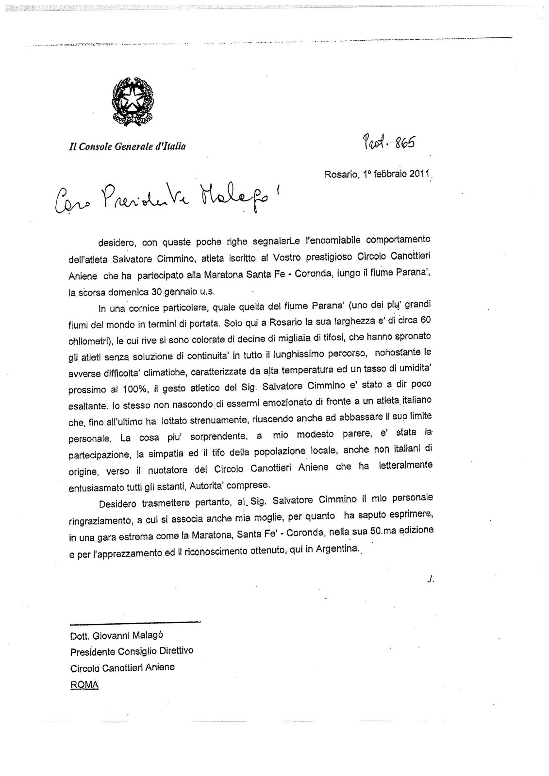 Libertà: Lettera di riconoscimento del Console Generale della città di ...