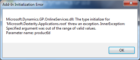 Add-In Initialization Error when launching Microsoft Dynamics GP 2010