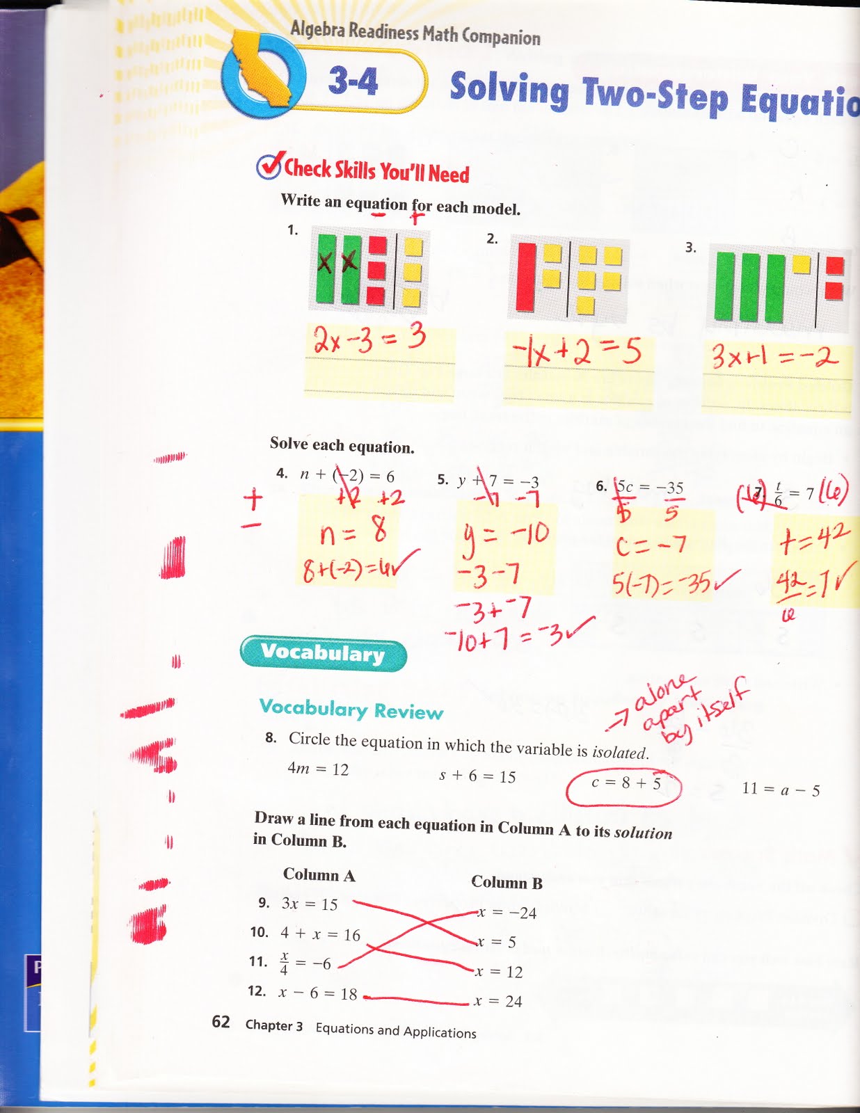 Ms. Jean's Algebra Readiness Blog: 3-4 Solving two-step equations