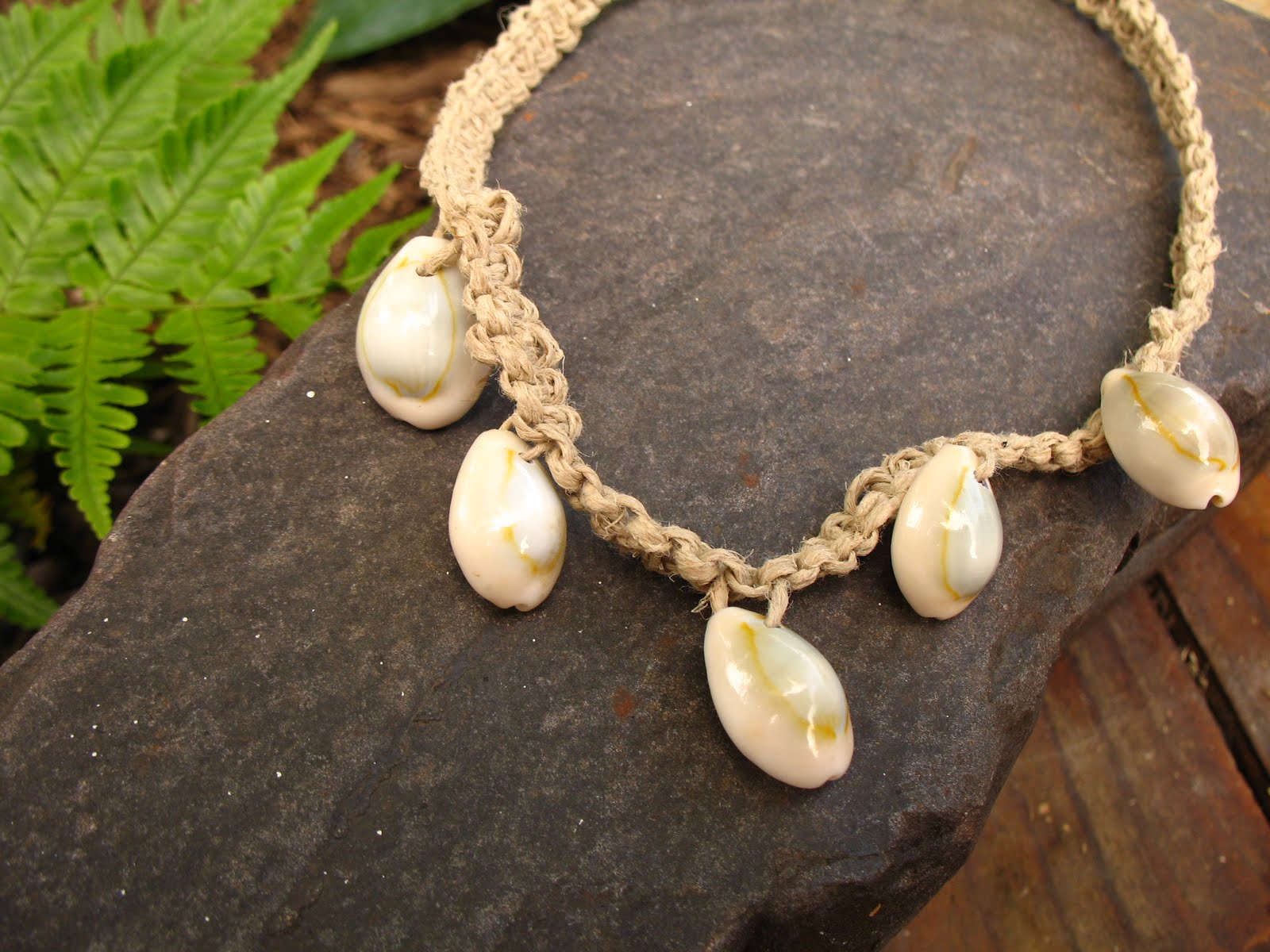 J. Coast: Item # 6 Hemp Necklace with 5 Cowrie Shells