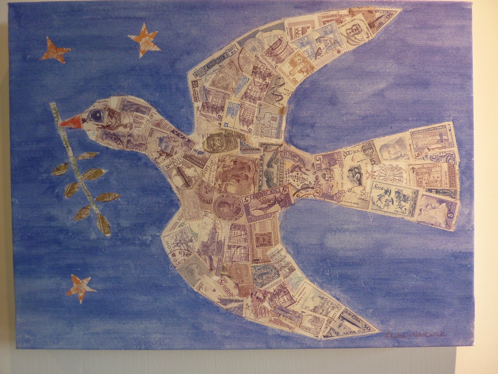 Rachel Markwick: "Dove of Peace" stamp collage canvas print