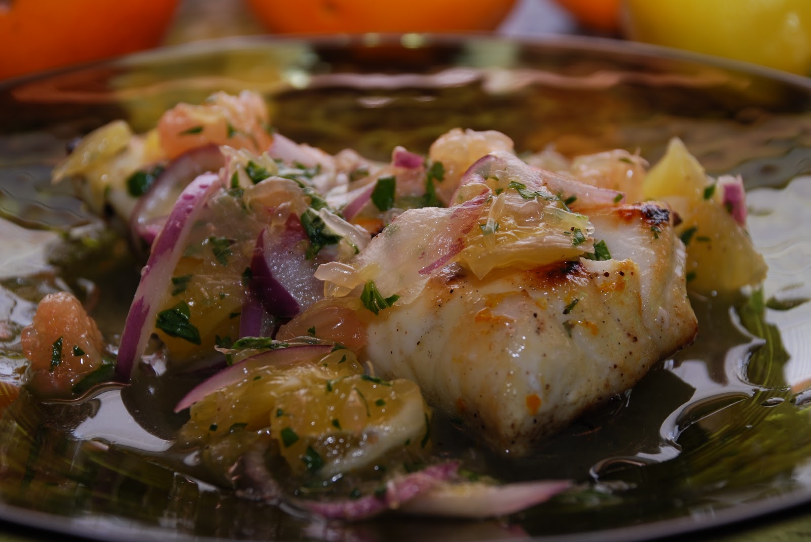 Tomatoes on the Vine: Honey-Citrus Glazed Cod with Grapefruit-Orange Relish