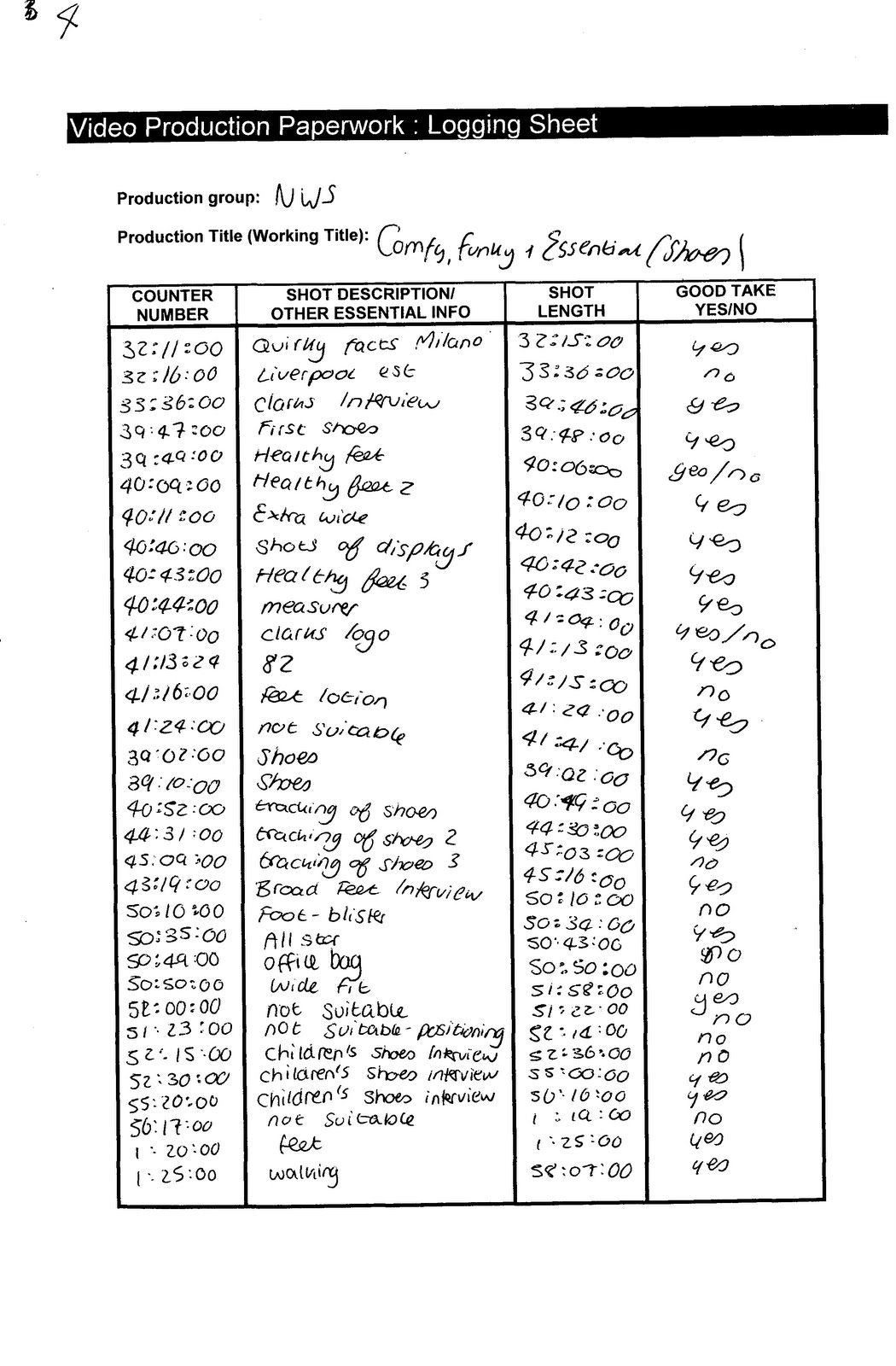 A2 Whitney Griffiths: logging sheet
