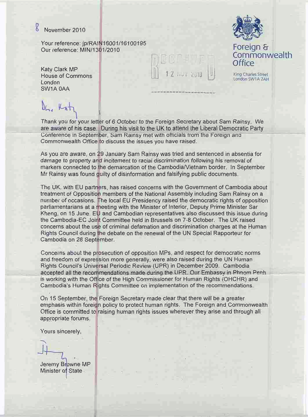 KI Media: UK Foreign and Commonwealth Office Minister's letter ...