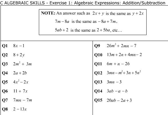MathsOnline Answers Algebraic Expressions Addition Subtraction