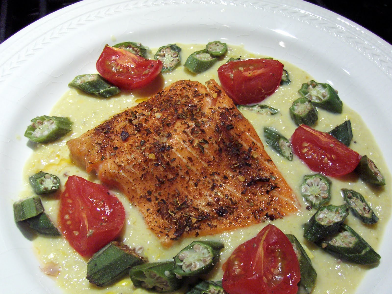 Chicken on the Green: Salmon with roasted corn puree, okra, and tomatoes