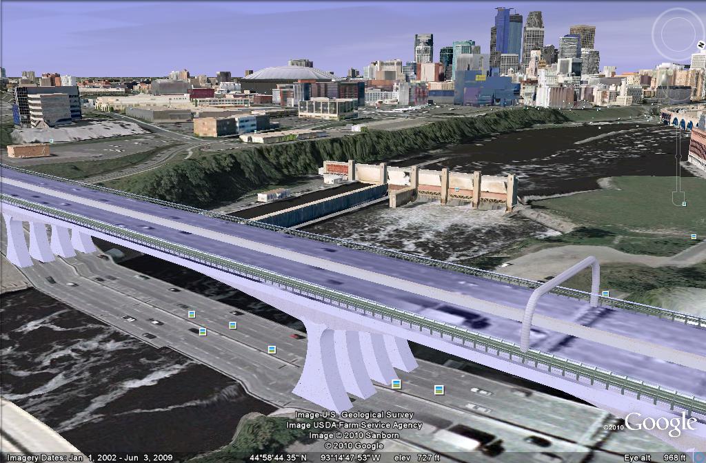 Geo-Located Minneapolis: I35w Settlement and new bridge model.