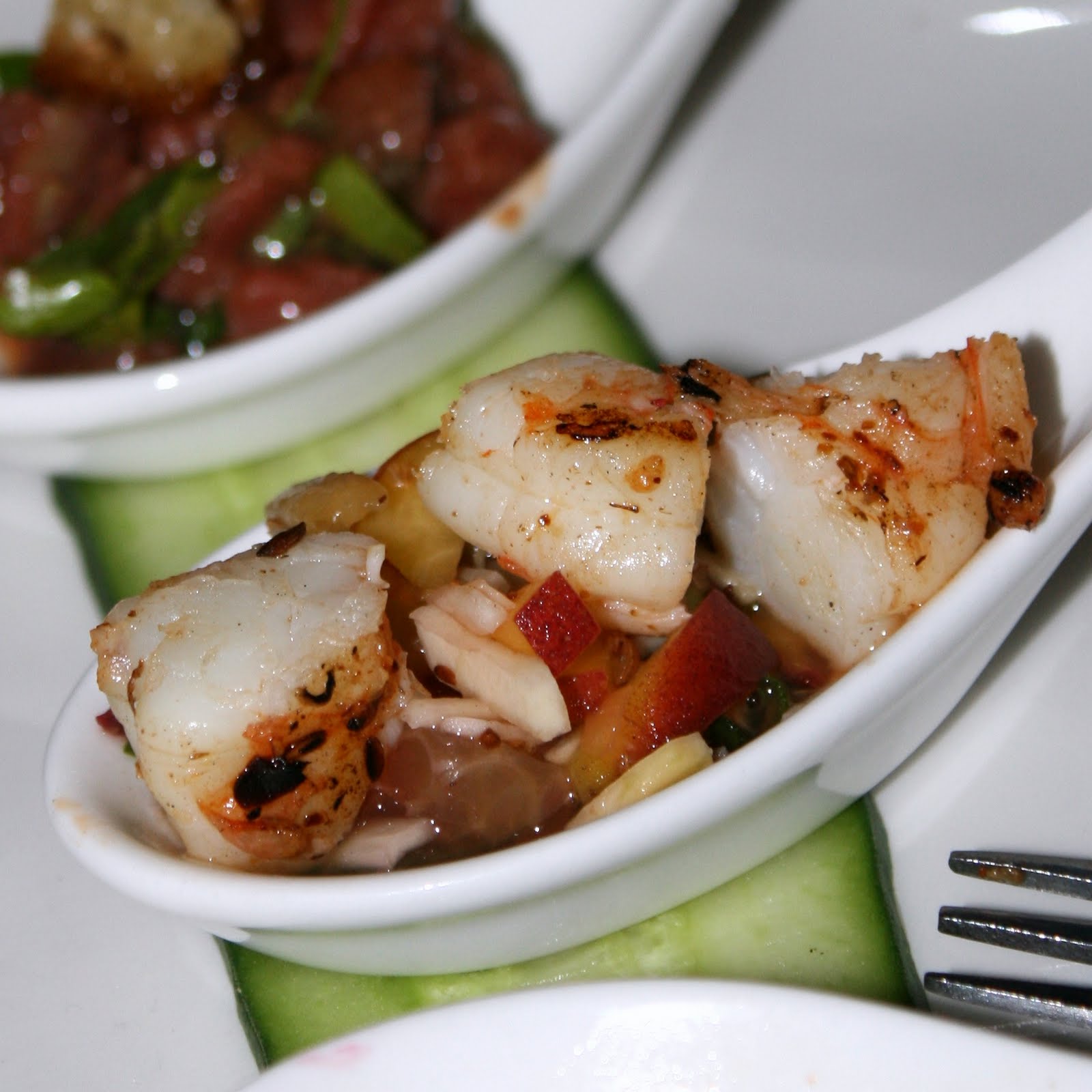 Grilled Mooloolaba king prawns, Szechuan salt, white peach and green ...