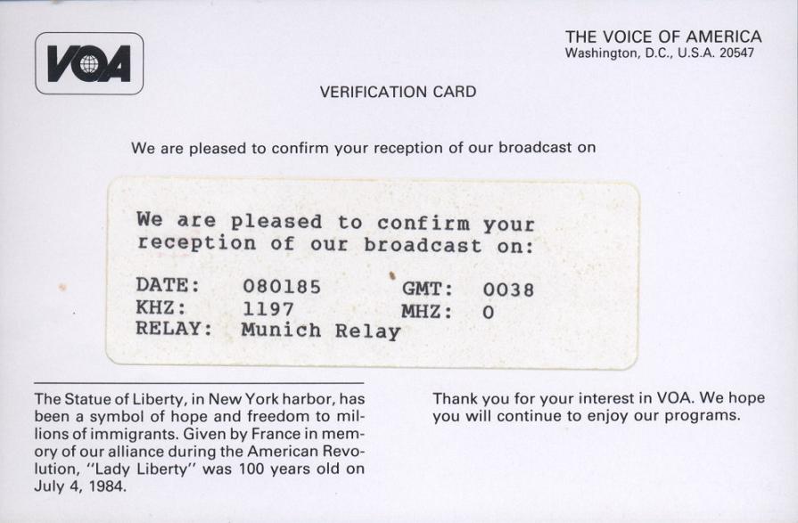 Cape Dx - Gary Deacon: GERMANY VOA Munich Relay 1197 kHz QSL