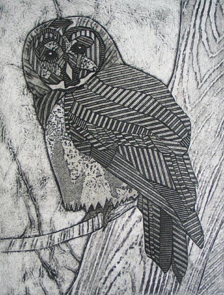Bonnie Murray Prints: Barred Owl #1 (Black and White Collagraph)