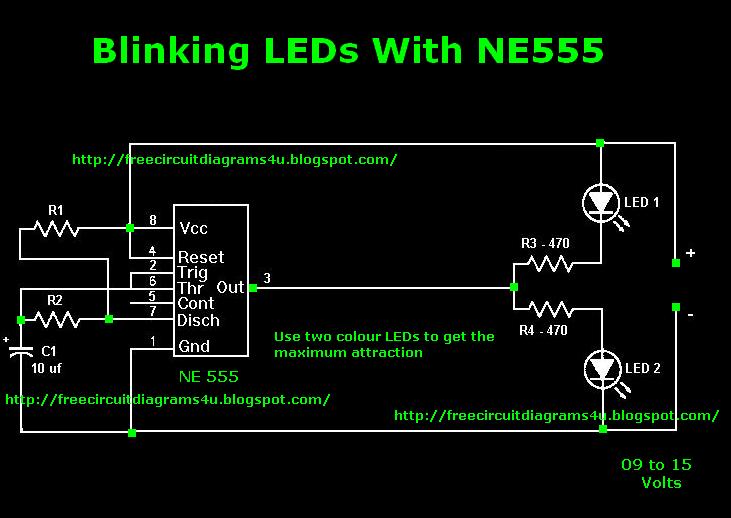 Free Circuit Diagrams 4u: Blinking LEDs with NE555
