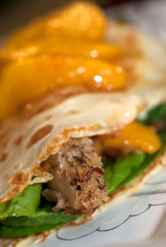 French Crepes with Pecan-Crusted Chicken & Sauteed Peaches