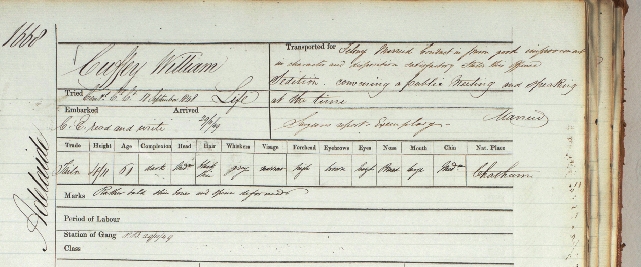 William Cuffay: 1778 - 1870: Cuffay's convict record