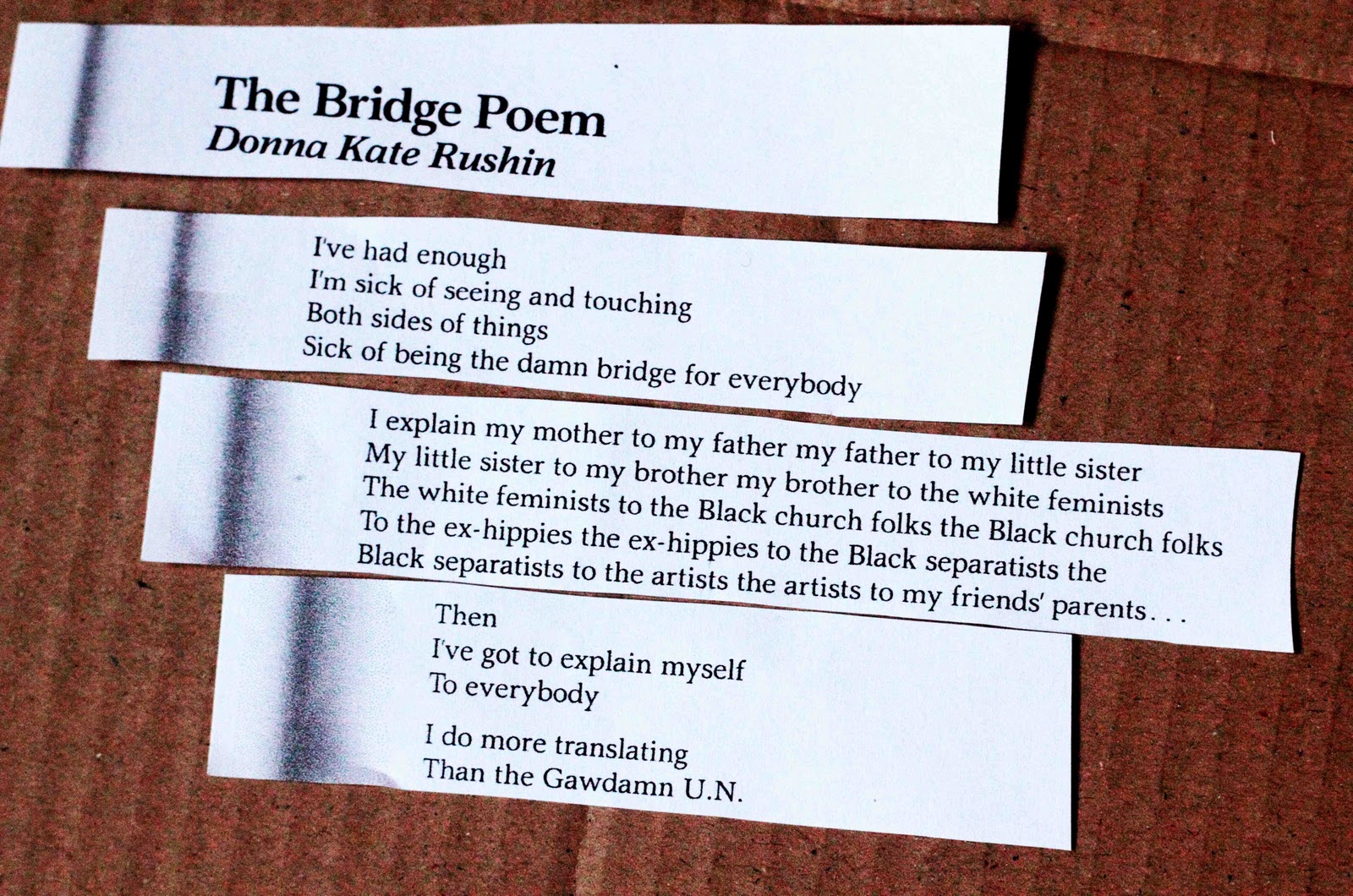 TRAVELLING LIGHT: THIS BRIDGE POEM by Donna Kate Rushin