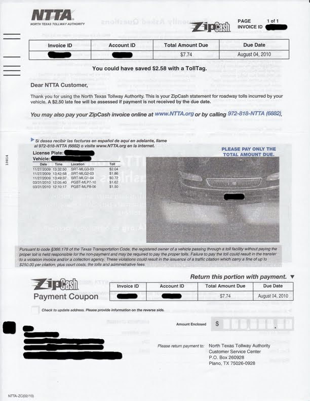 Brad's Blog: NTTA News Flash: I got a bill!