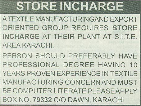 features jobs: Store Incharge Job in a Textile Manufacturing and Export ...