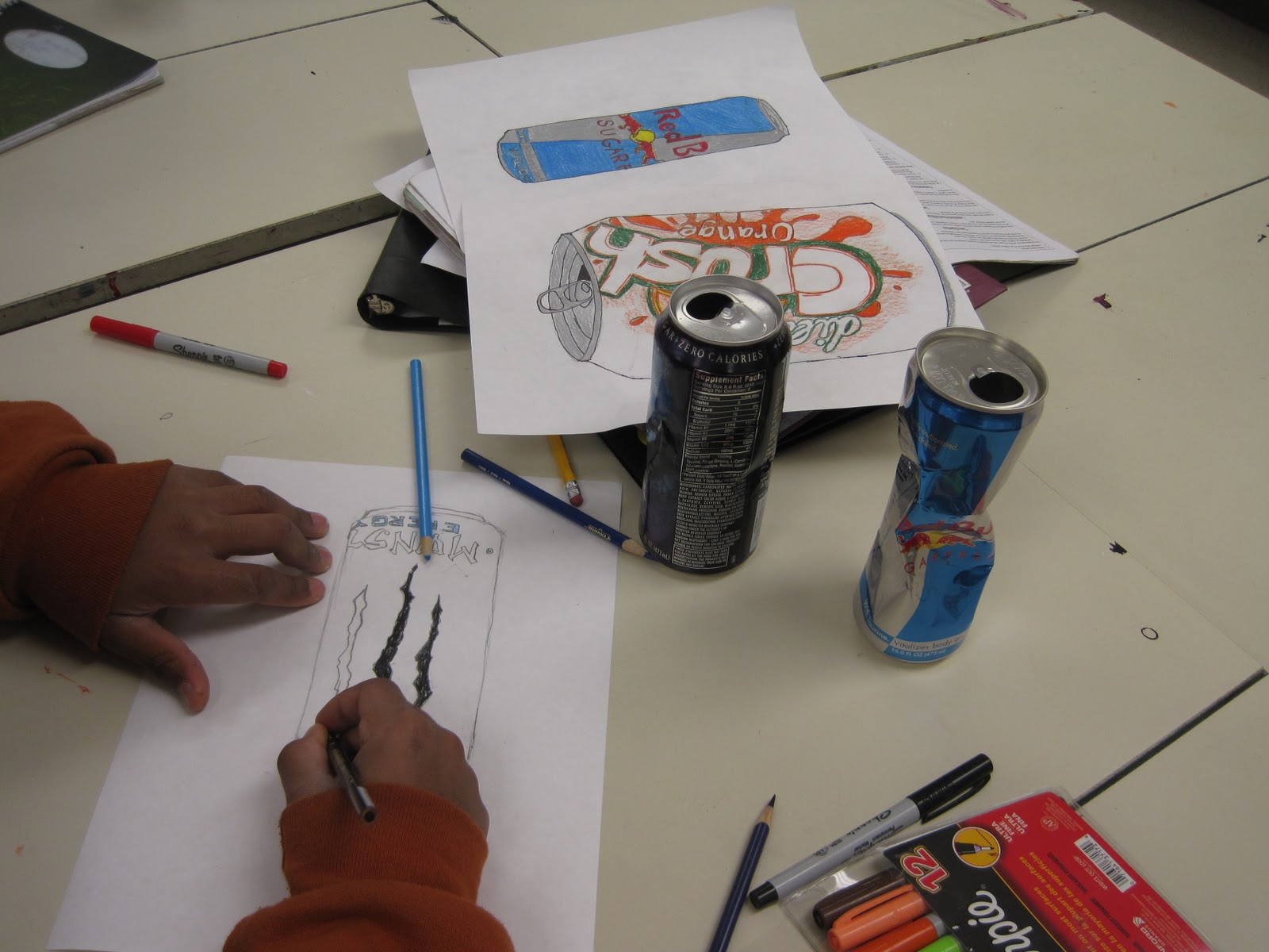 Columbia Art: 7th Grade Crushed Can Drawings