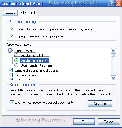 Dummy Essentials: Display Control Panel As Menu