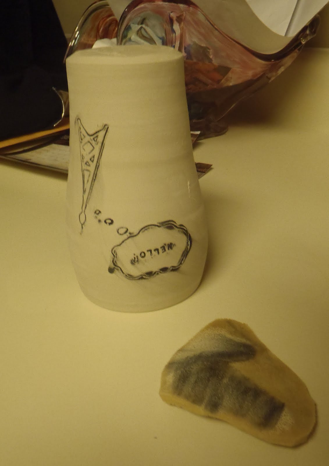 Mishima on leather hard pottery