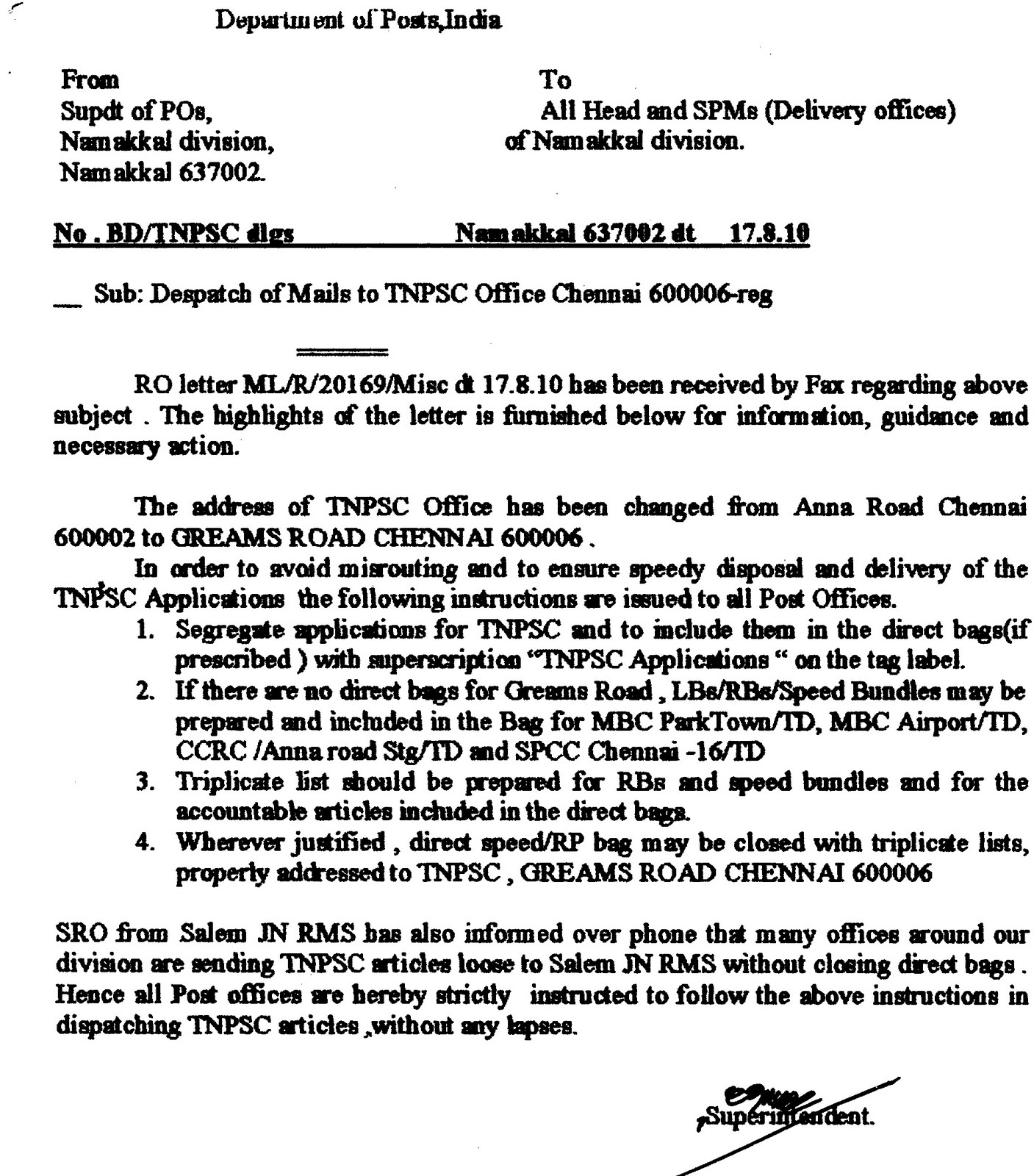 Supdt of Post Offices, Namakkal