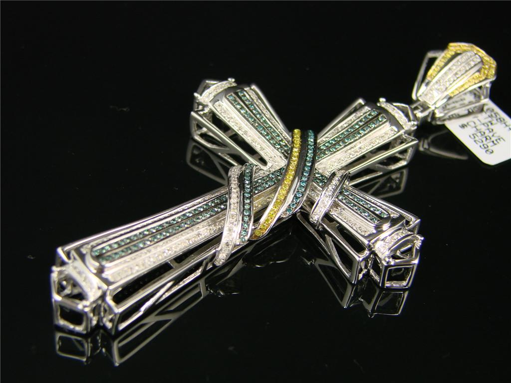 new_york_jewels: MENS 3.00 CT MULTI COLOR DIAMOND 4 INCH CROSS CHARM