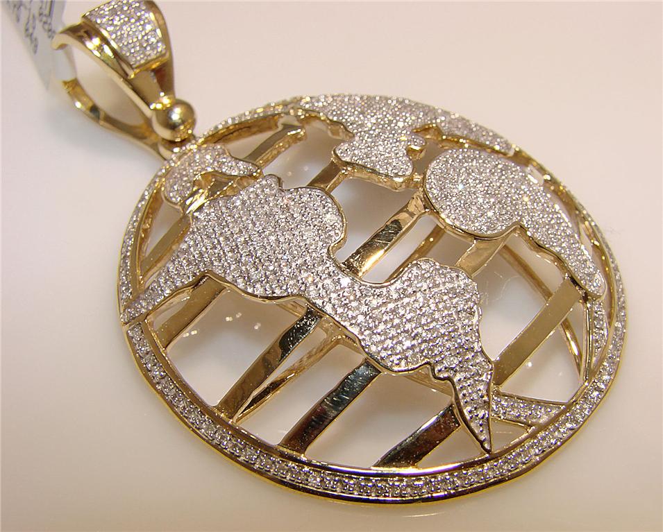 new_york_jewels: YELLOW GOLD GLOBE WORLD DIAMOND PENDANT CROSS - 2.30 CT