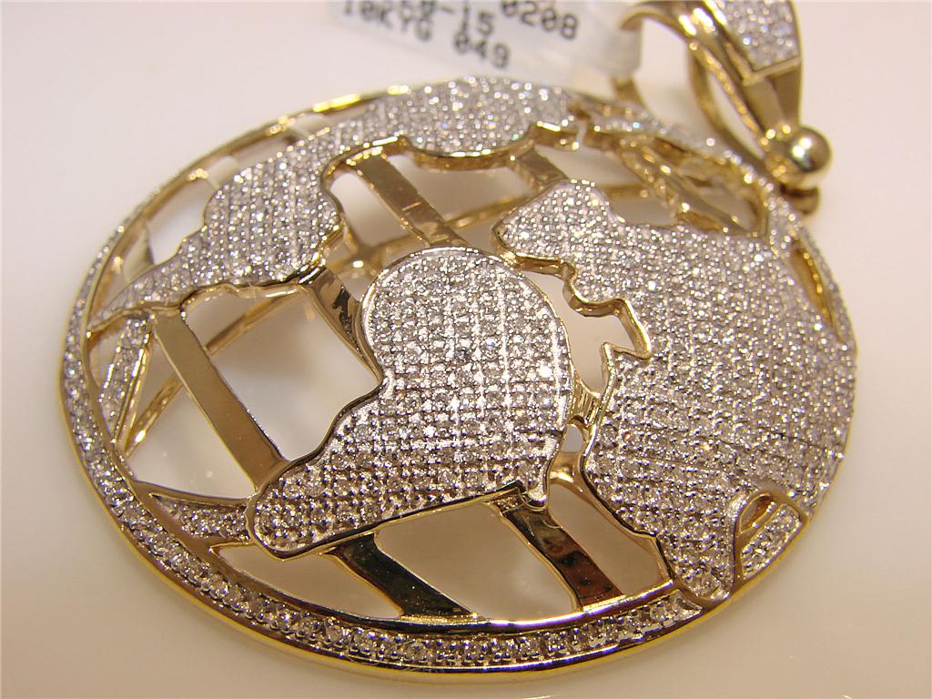 new_york_jewels: YELLOW GOLD GLOBE WORLD DIAMOND PENDANT CROSS - 2.30 CT