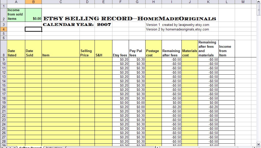 Home Made Originals Etsy Selling Spreadsheet