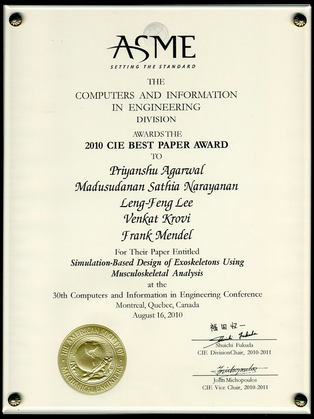 Research & Outreach in the ARMLAB: Best Paper Award - ASME 2010 ...