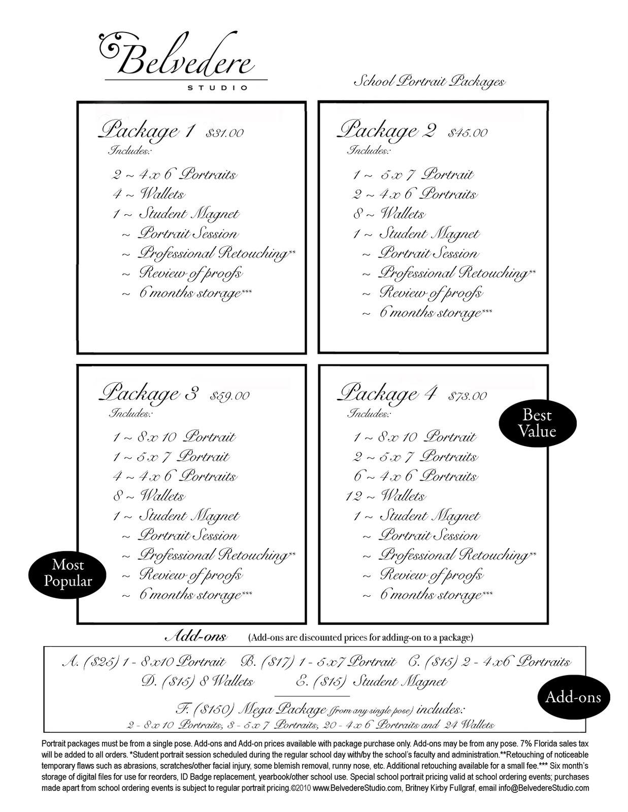 Belvedere Studio ~ for Hope Homeschoolers: Portrait Packages / Price List